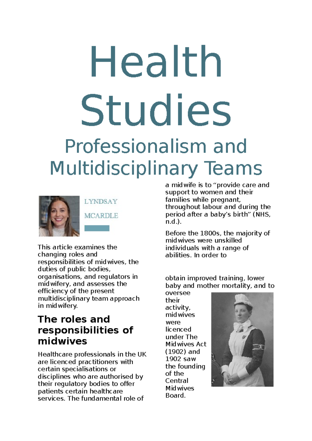 Unit 8 Article professionalism and multidisciplinary teams in midwifery ...