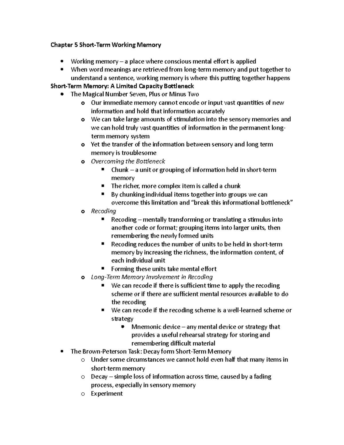 Summary - chapter 5 short - term working memory - Chapter 5 Short-Term Working Memory Working ...