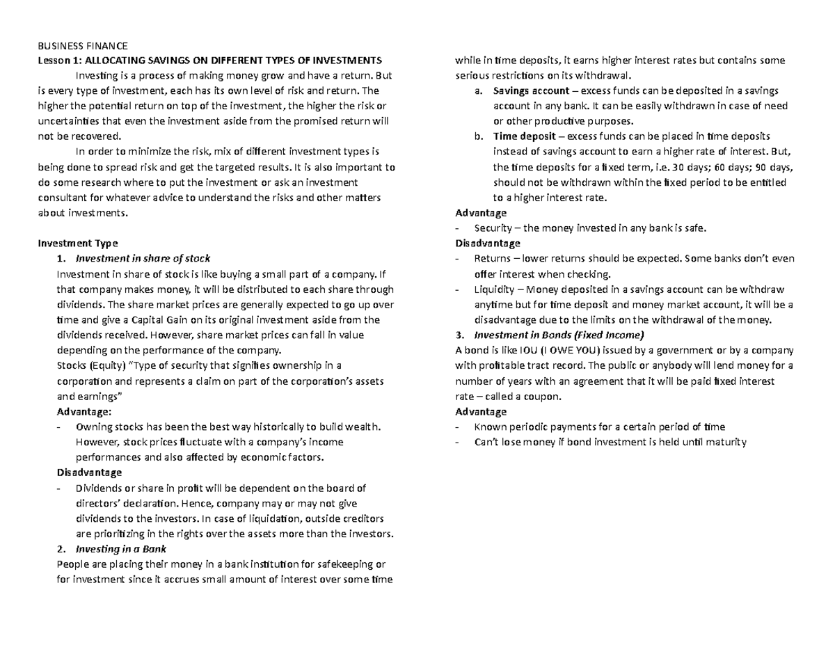 Module for Business Finance (2nd Semester) - BUSINESS FINANCE Lesson 1 ...