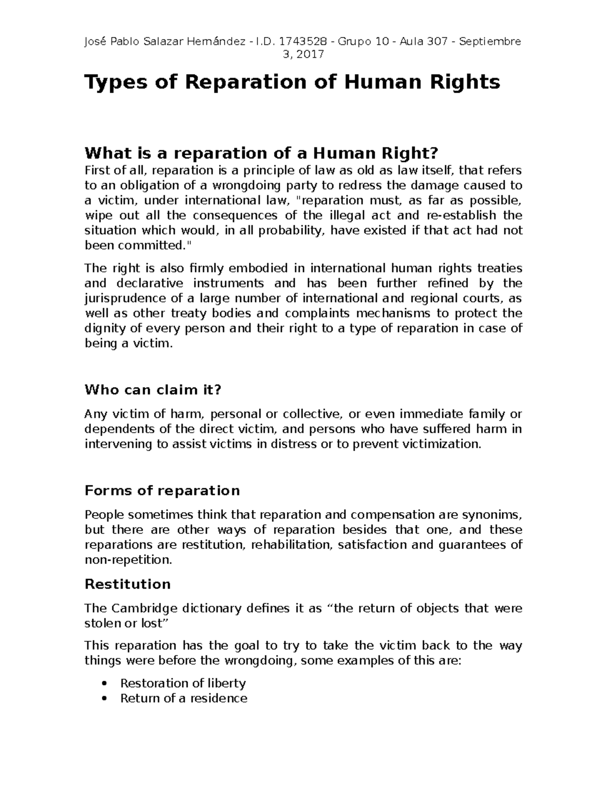 Types of Reparation of Human Rights - José Pablo Salazar Hernández - I ...