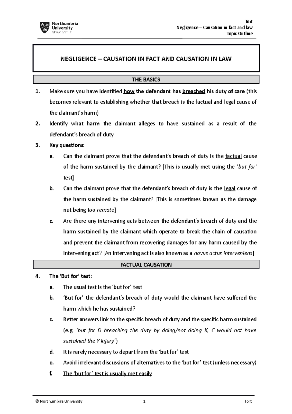Negligence - Causation in fact and law - Topic outline - NEGLIGENCE ...