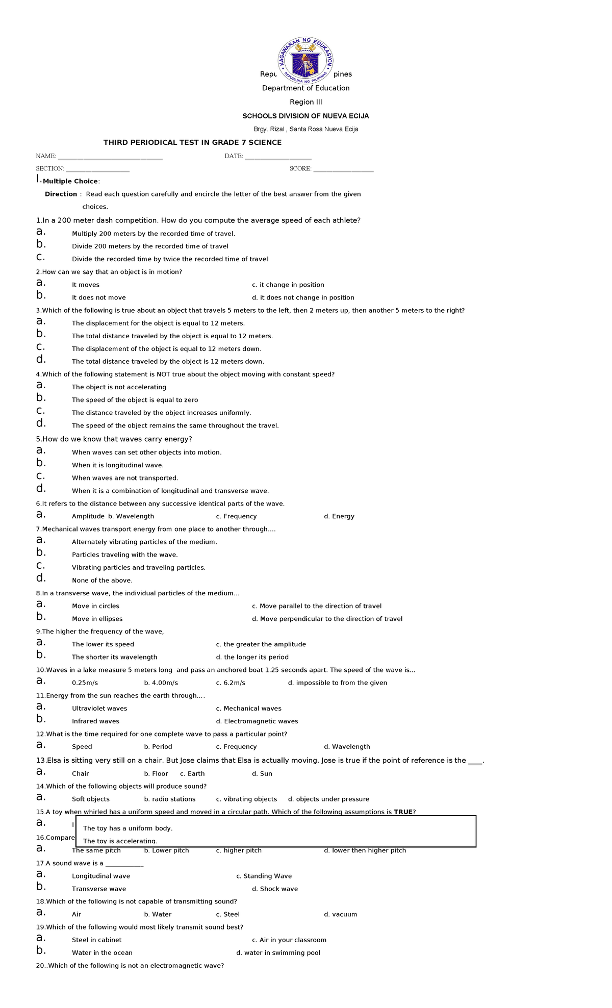 Grade 7 Regular Science - p Republic of the Philippines Department of ...