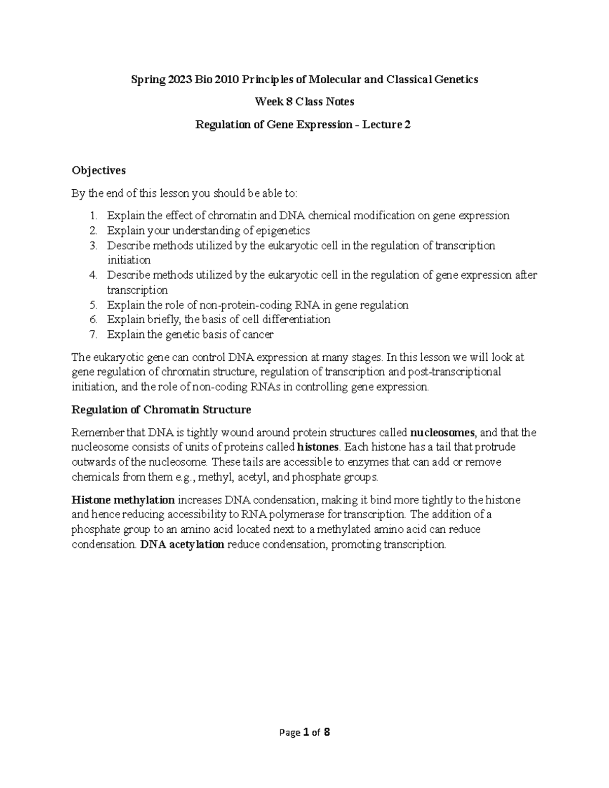 Week 8 Regulation Of Gene Expression 2 Spring 2023 Bio 2010