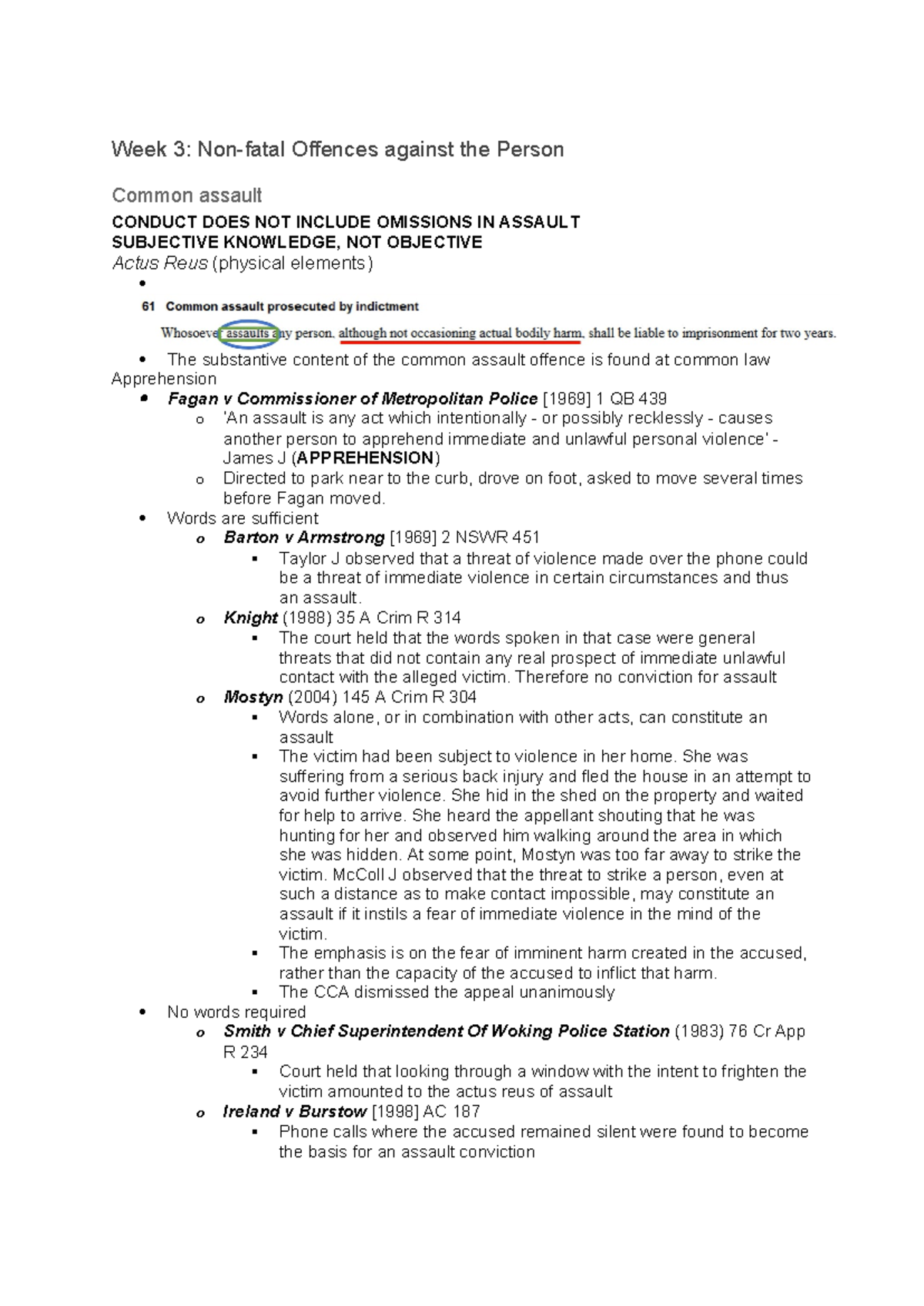 Week 3: Non Fatal Offences Against the Person - Week 3: Non-fatal ...