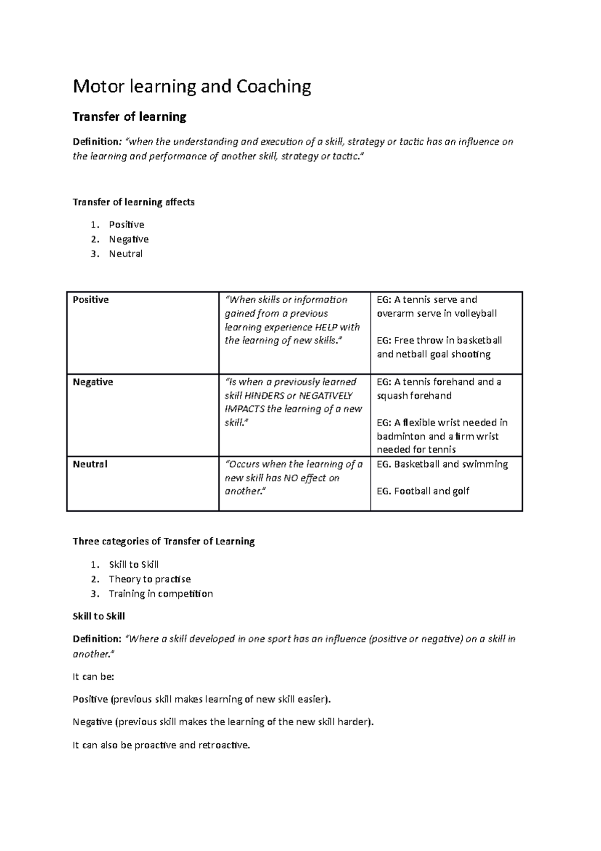 Motor learning and Coaching - Motor learning and Coaching Transfer of ...