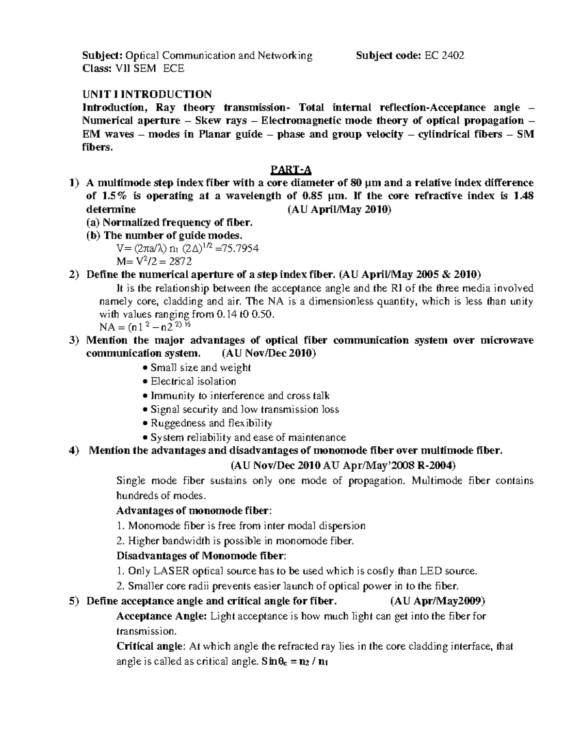 Math - Subject: Optical Communication and Networking Subject code: EC ...