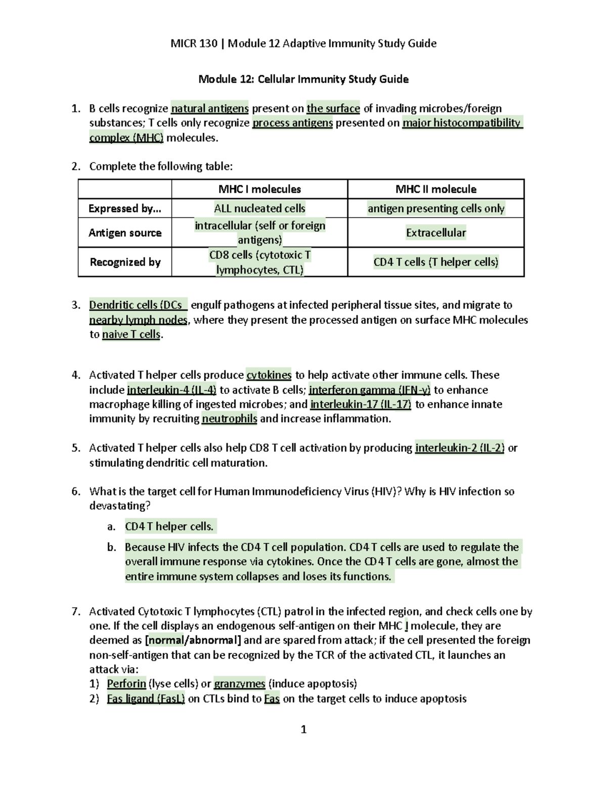Module 12 Cellular Immunity Study Guide - MICR 130 | Module 12 Adaptive ...