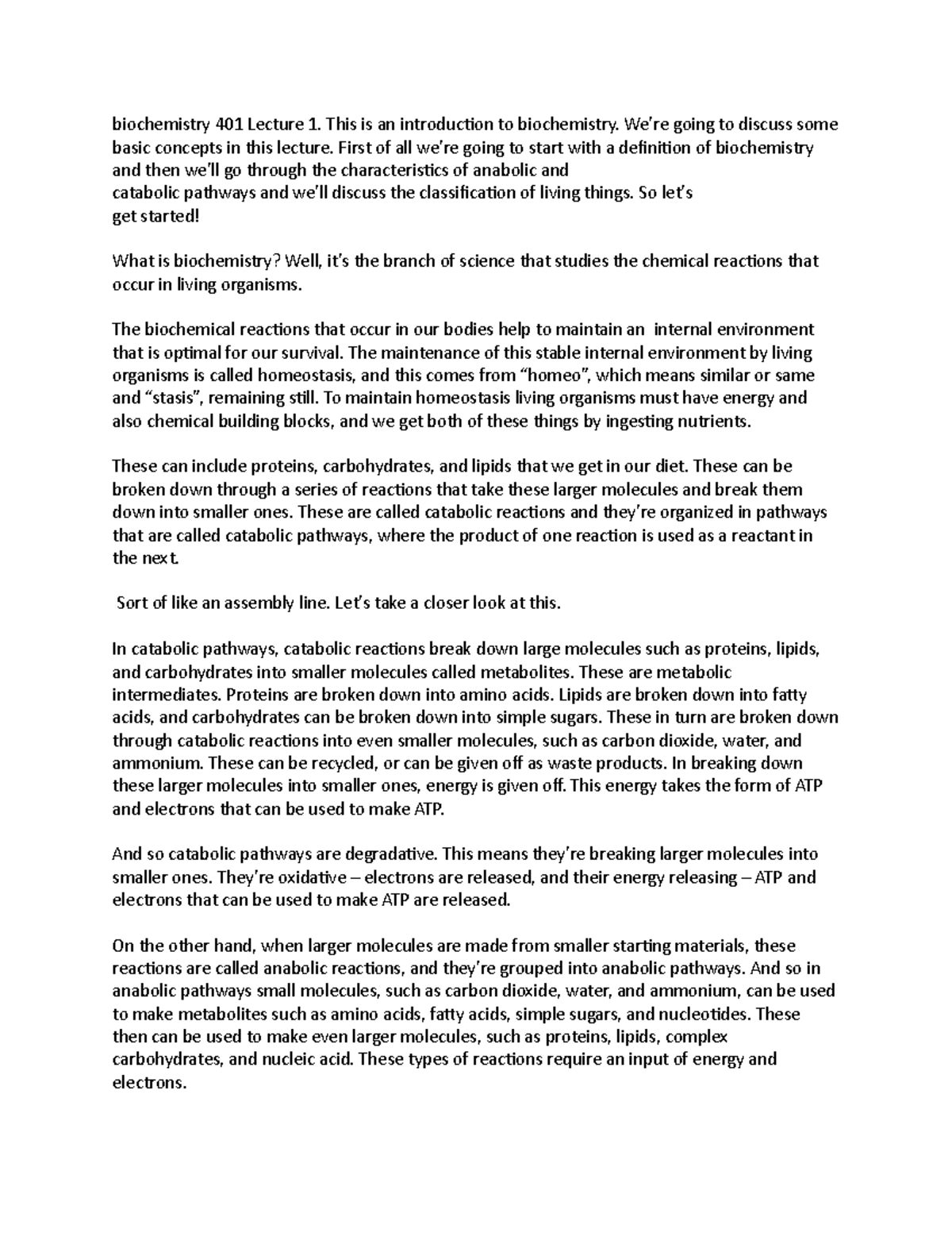 Biochemistry 401 Lecture 1 Transcript nr - biochemistry 401 Lecture 1. This is an introduction ...