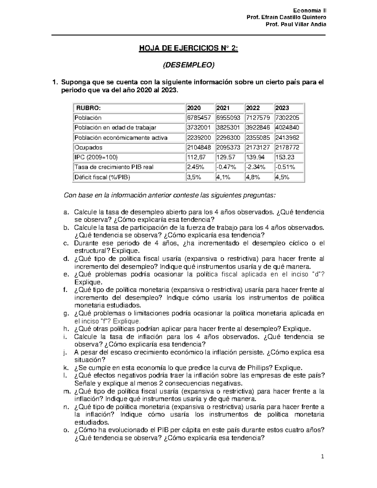 Hoja de ejercicios N° 2 - Práctica de pbi, índice de precios de laspeyres y phasche. - Economía ...