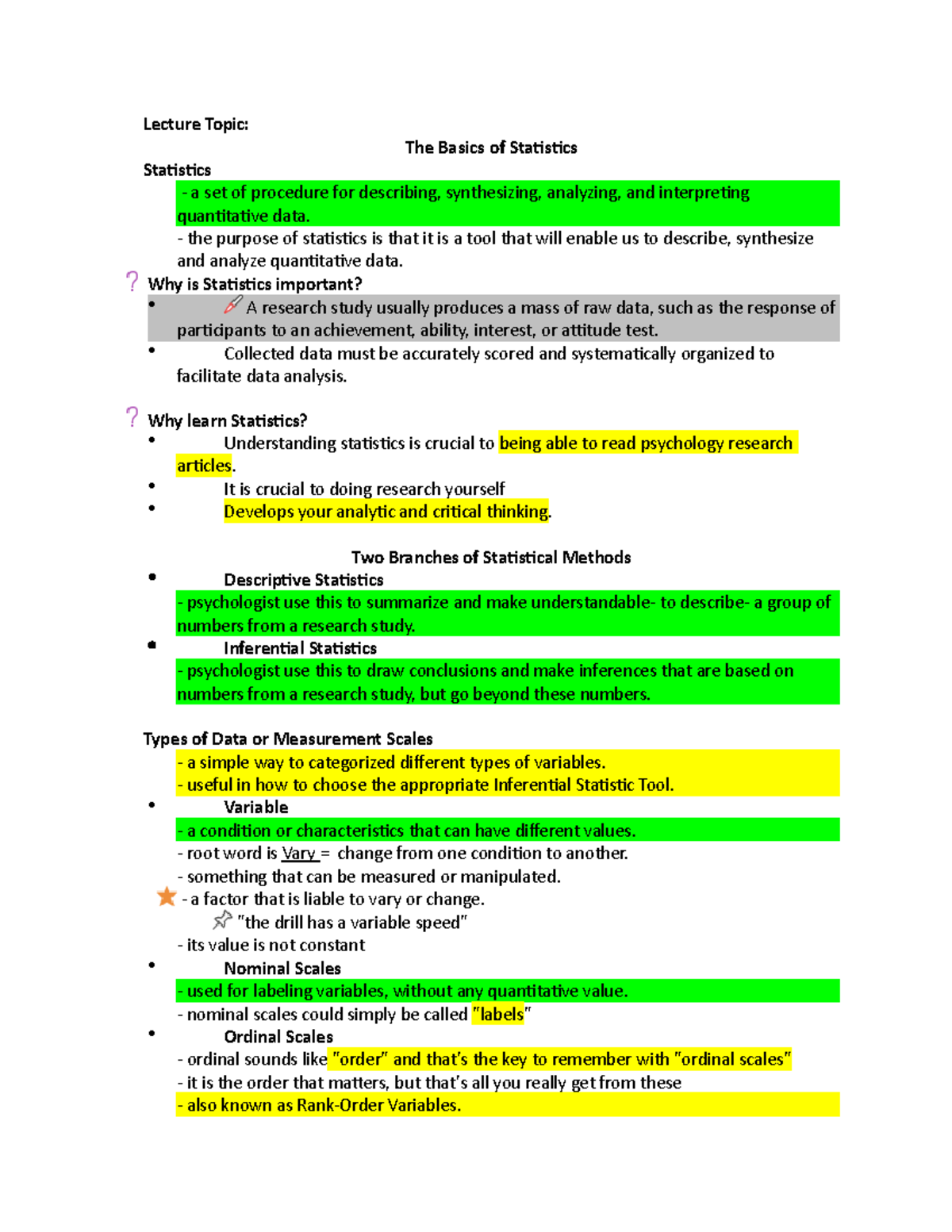 Psychology of Statistics: The Basics of Statistics - Lecture Topic: The ...
