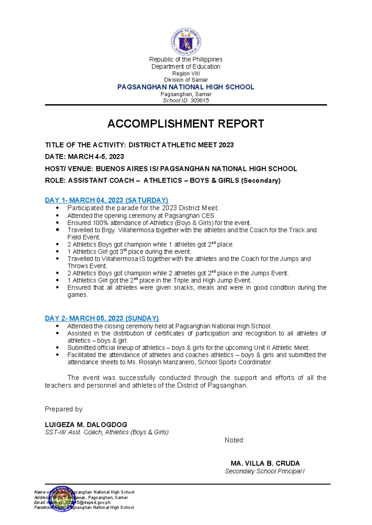 Accomplishment Report District Unit SPAA - Name of School: Pagsanghan ...