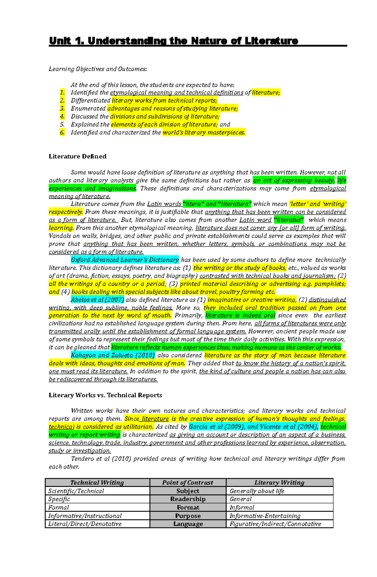 SEE 7 Unit 1 - Notes - Unit 1. Understanding the Nature of Literature ...