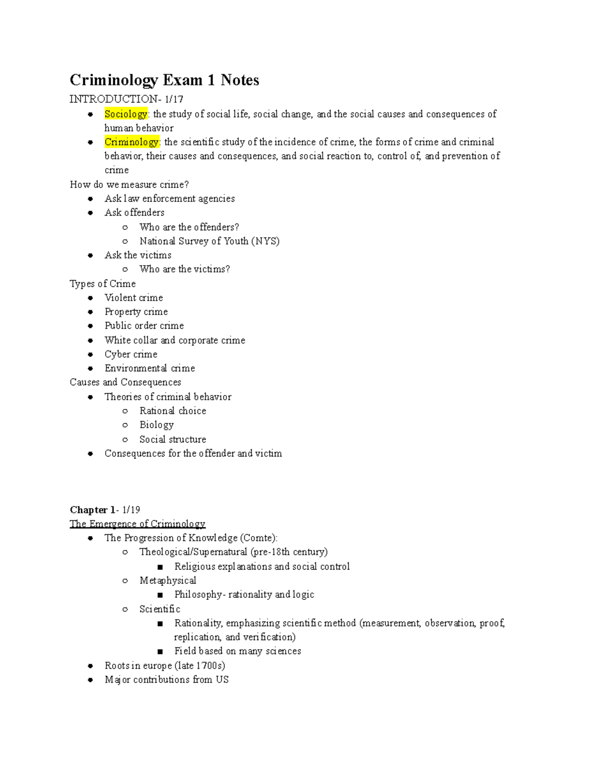 Criminology Exam 1 Notes - Criminology Exam 1 Notes INTRODUCTION- 1 ...