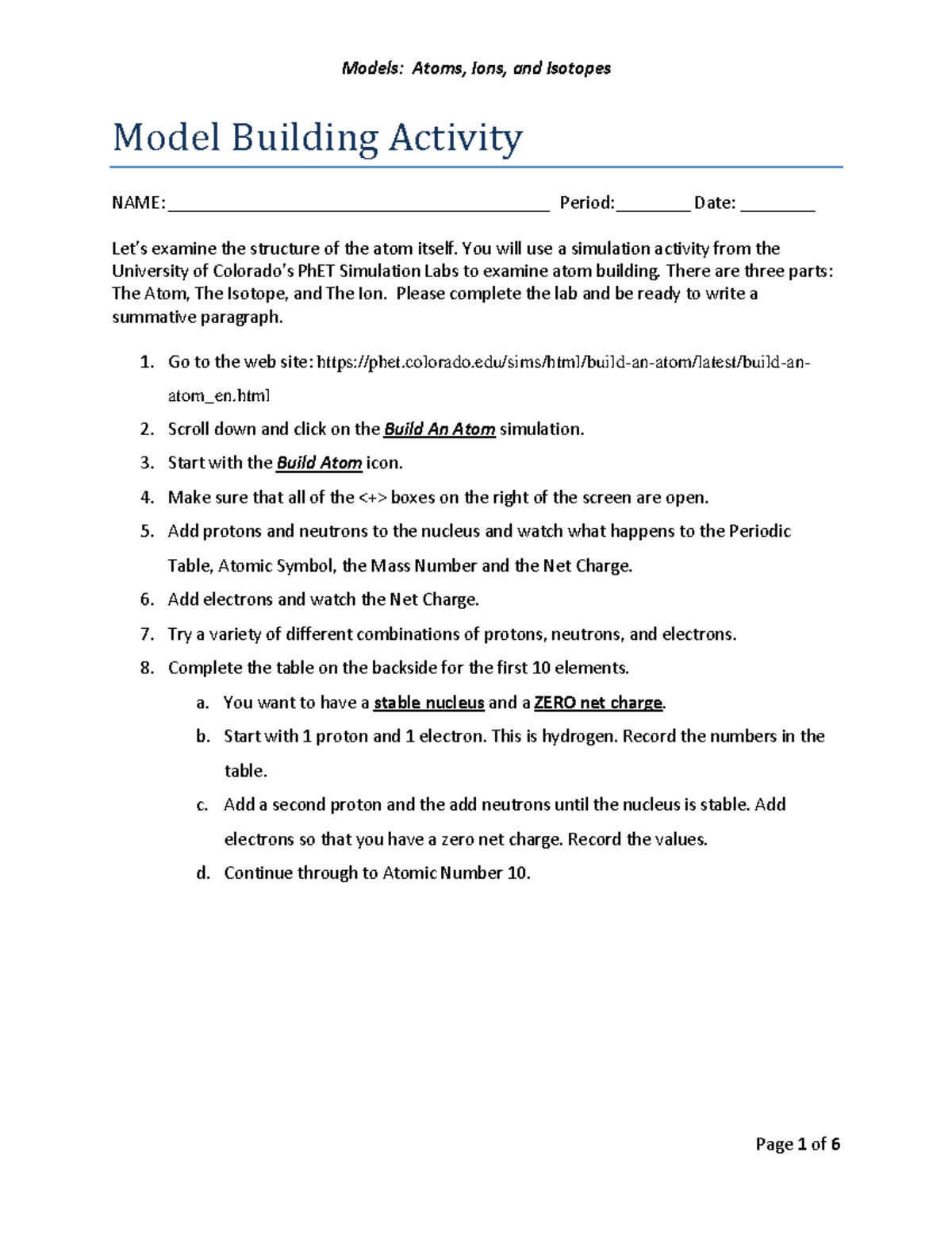 Atom builder 2233 - diddy - Model Building Activity NAME