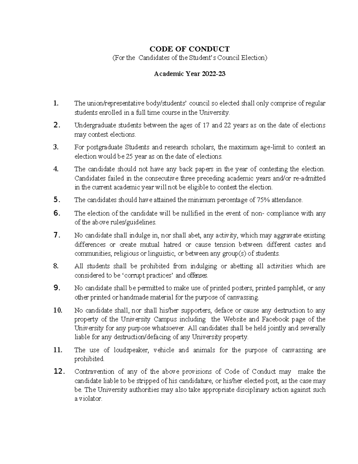 Code of Conduct-SC Election - CODE OF CONDUCT (For the Candidates of ...