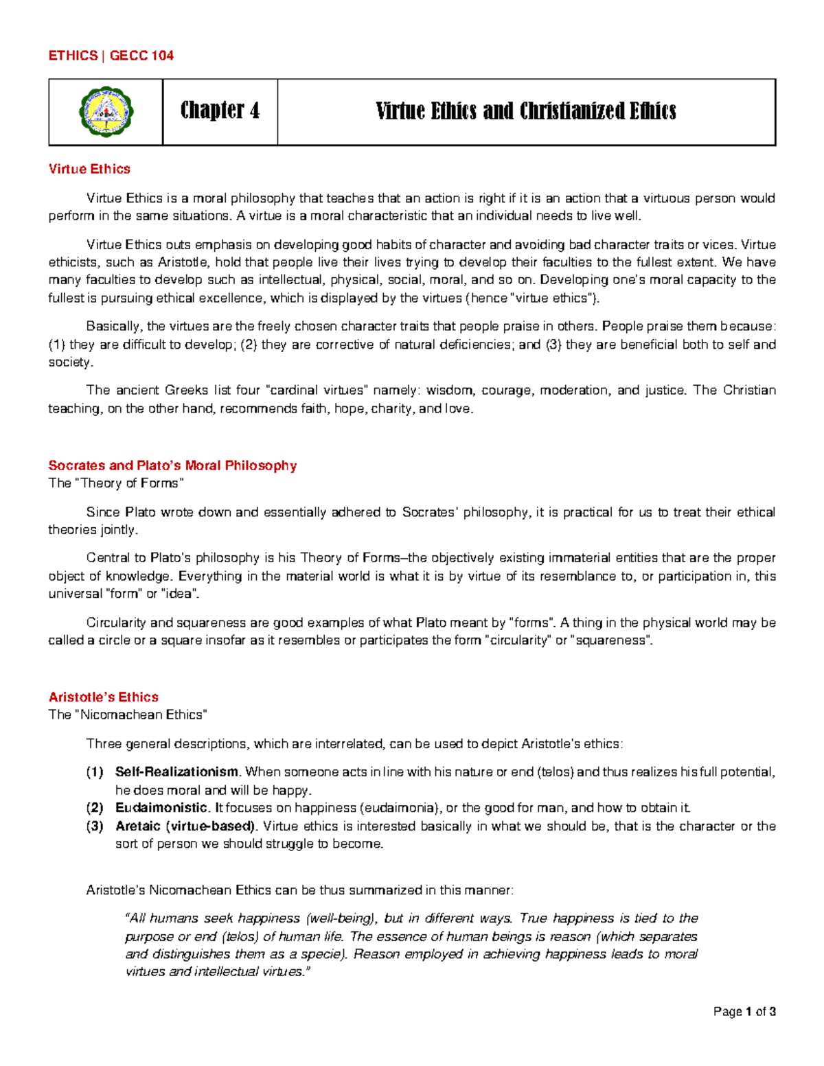 GECC 104 (Ethics) Chapter 4 - ETHICS | GECC 104 Chapter 4 Virtue Ethics and Christianized Ethics ...