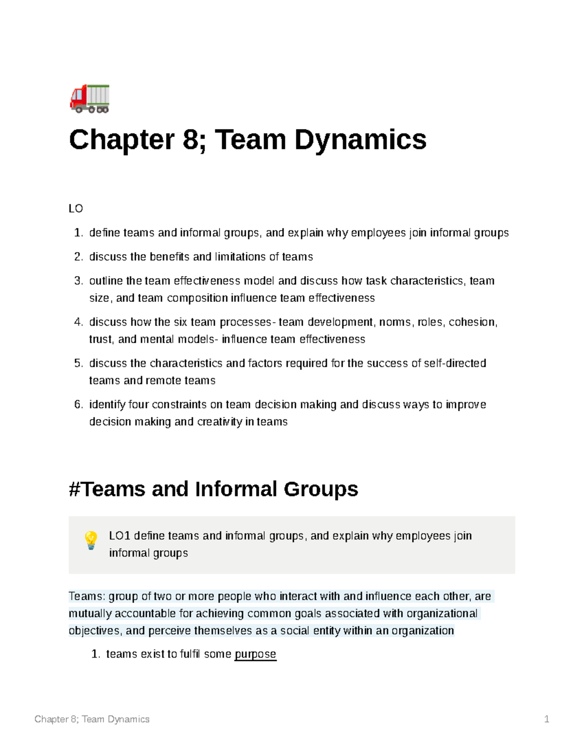 Chapter 8 Team Dynamics - 🚛 Chapter 8; Team Dynamics LO define teams ...