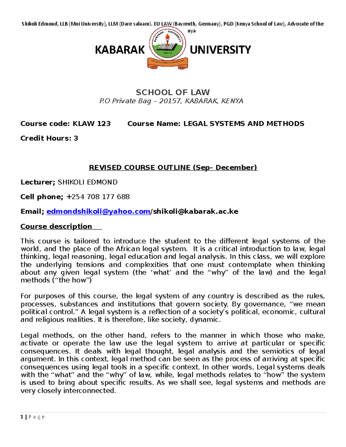 Legal Systems Course Outline -jan - High Court of Kenya KABARAK ...