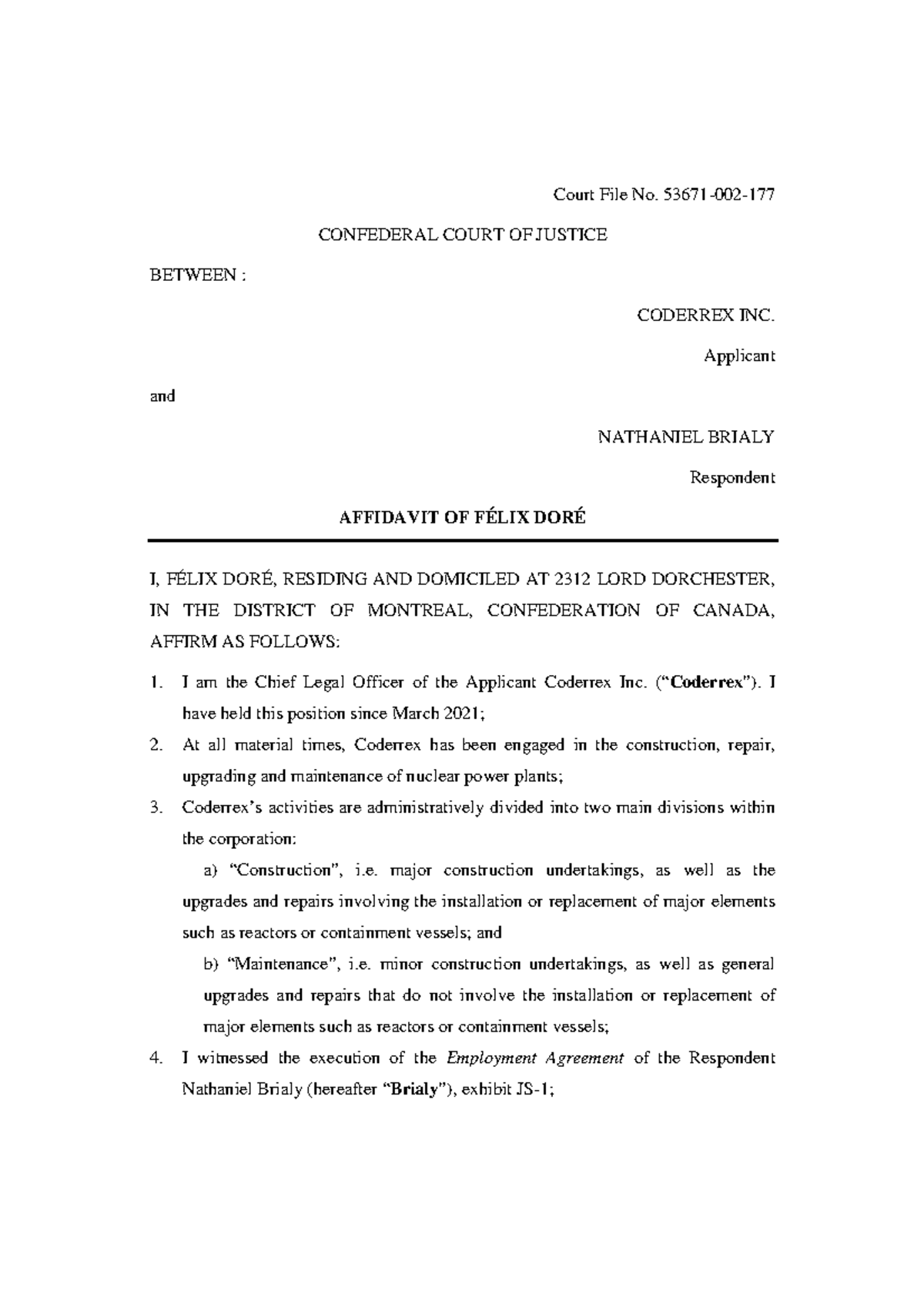 Affidavit Dore - Exercice semestre prep - Court File No. 53671-002 ...