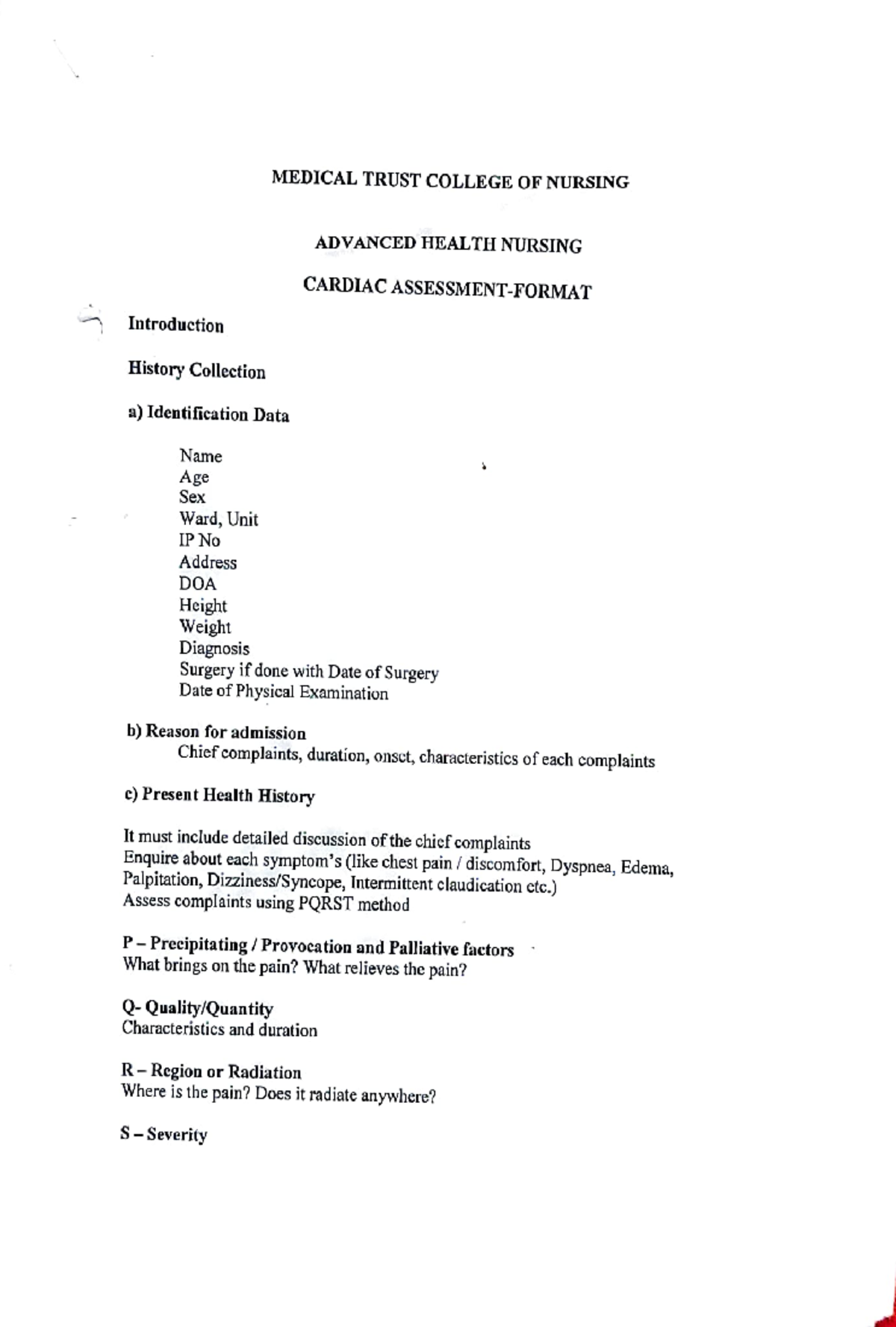 Cardiac assessment format - Introduction History Collection a ...