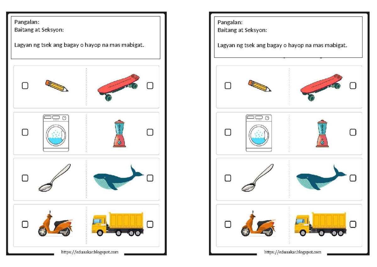 Heavy and Light worksheets for Preschool and Kindergarten kids ...