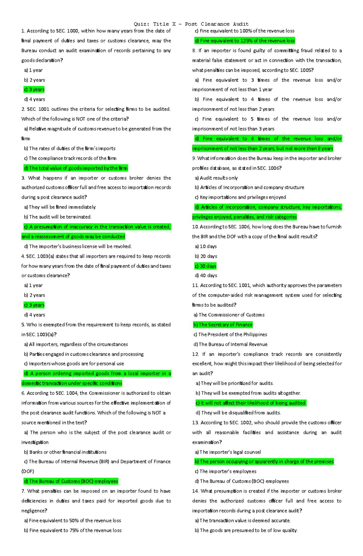 Post Clearance Audit Quiz - Quiz: Title X – Post Clearance Audit ...