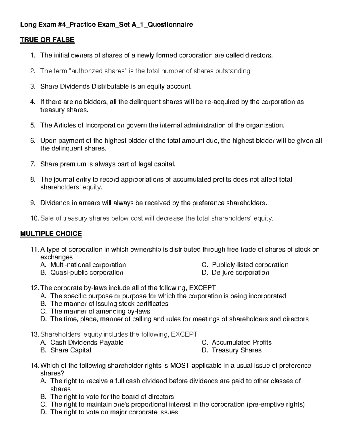 Long Exam #4 Practice Exam Set A 1 Questionnaire - Long Exam #4 ...