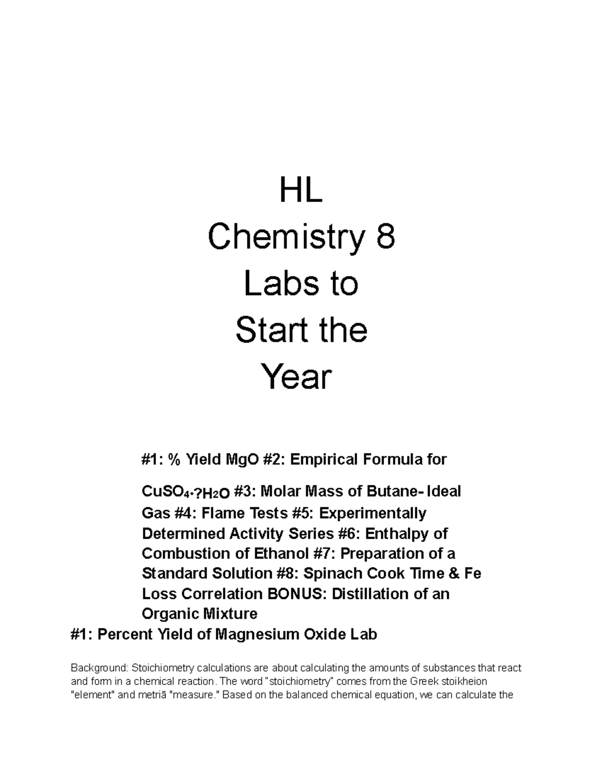 HL First 8 Labs Manual - Practicals for IB chemistry - HL Chemistry 8 ...