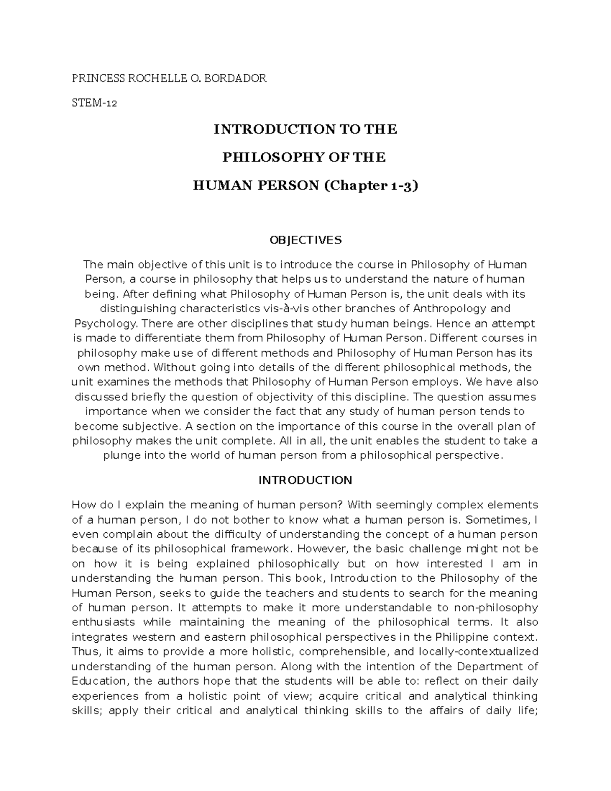 Introduction TO THE Philosophy OF THE Human - PRINCESS ROCHELLE O ...