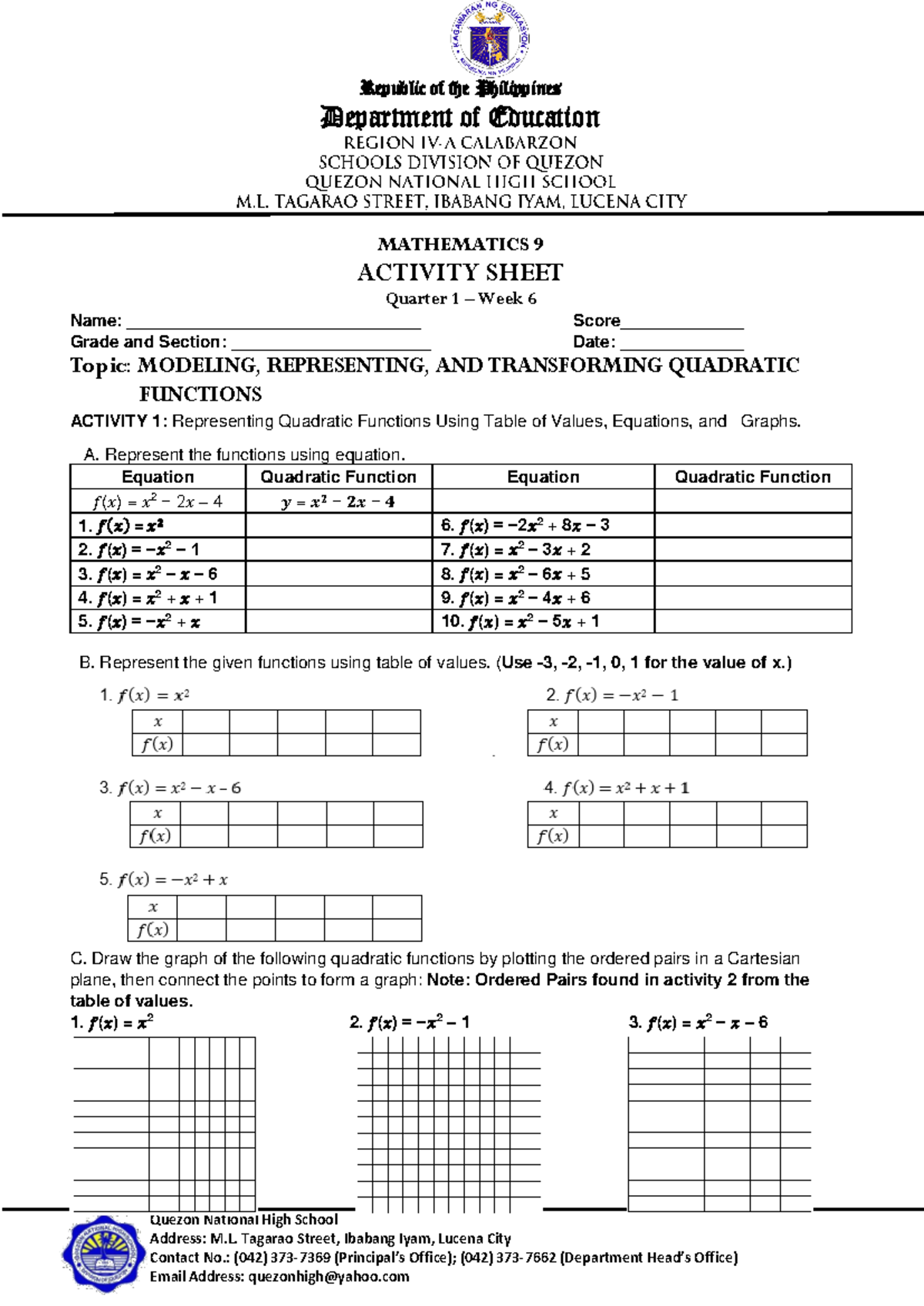 Activities-Week-6-g9 q1 - Republic of the Philippines Department of ...