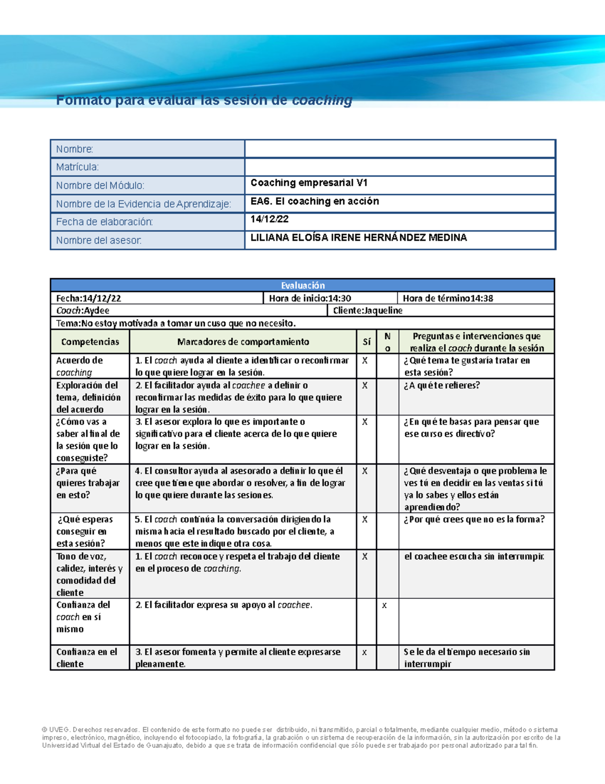 Autoevaluación sesión coaching - Formato para evaluar las sesión de ...