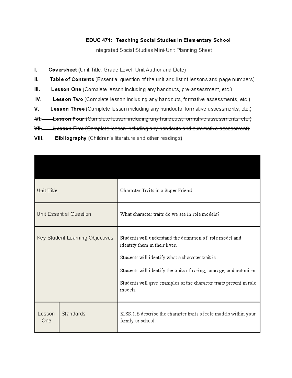 Mini Unit Outline - Professor Martha - EDUC 471 - Studocu