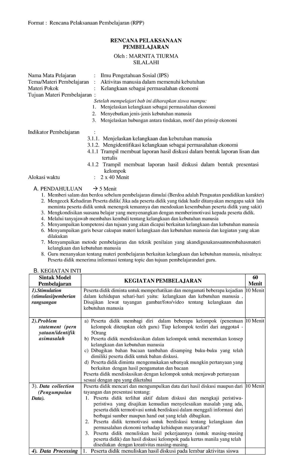 RPP Aktifitas Memenuhi Kebutuhan IPS Kelas 7 - Format : Rencana ...