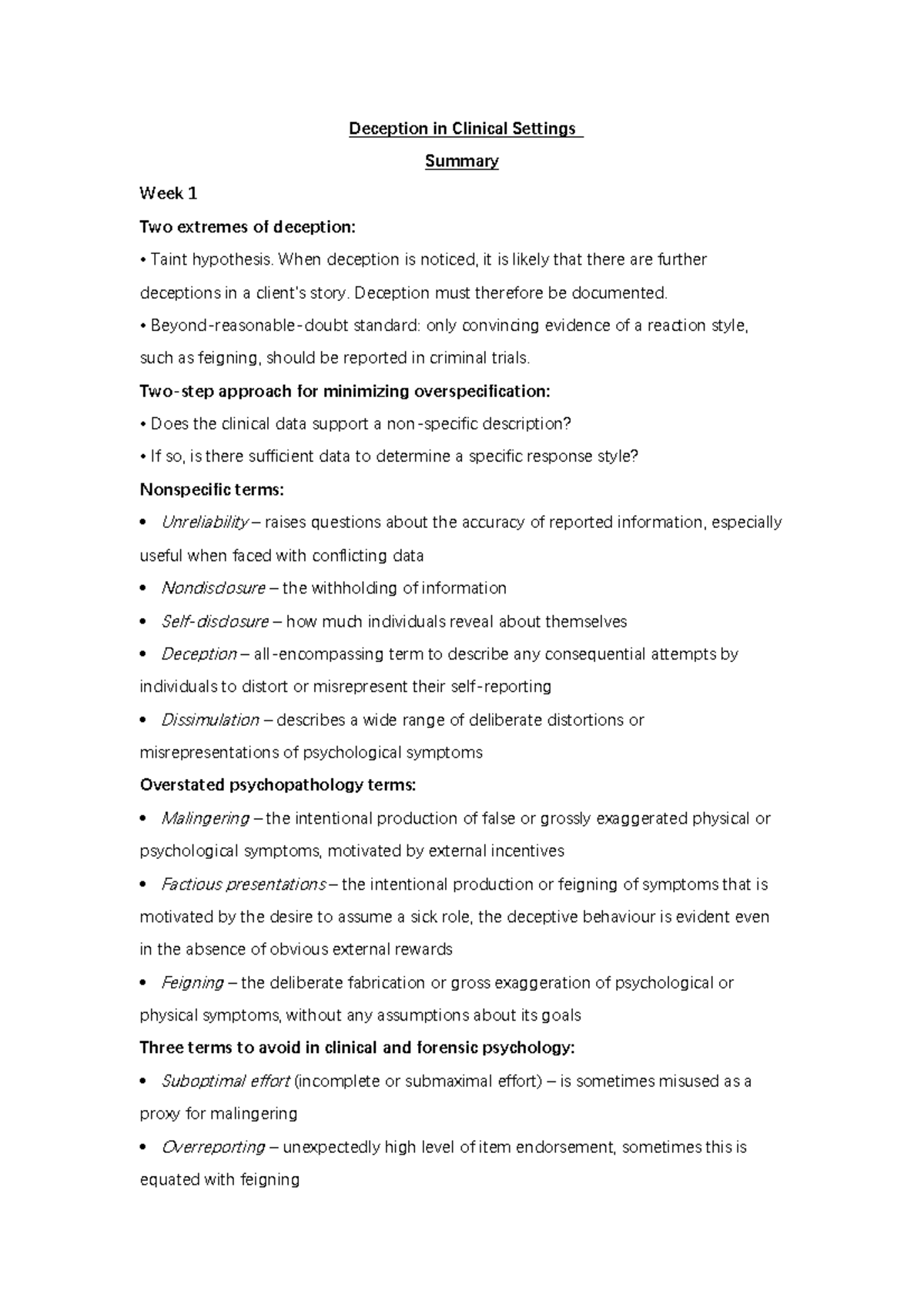 Deception in Clinical Settings Summary - Deception in Clinical Settings ...