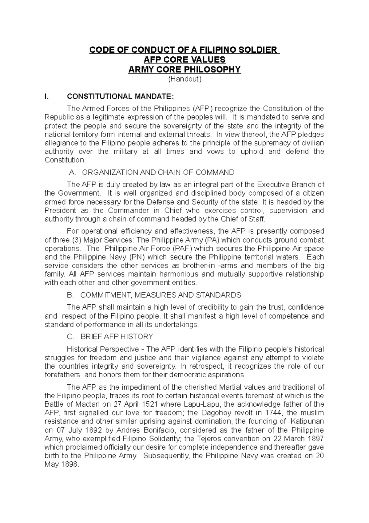 Standards of Conduct os a Filipino Soldier Handouts - CODE OF CONDUCT ...