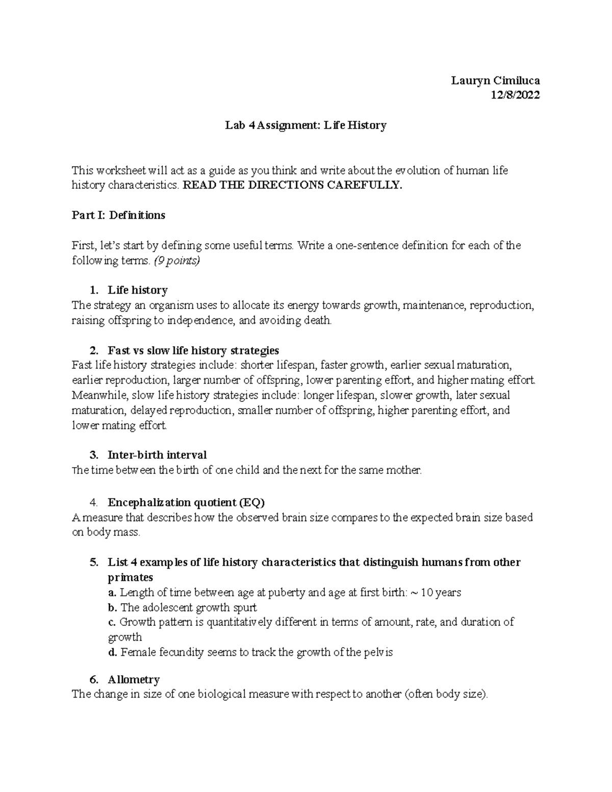 Cimiluca - Lab 4 - life history - Lauryn Cimiluca 12/8/ Lab 4 ...
