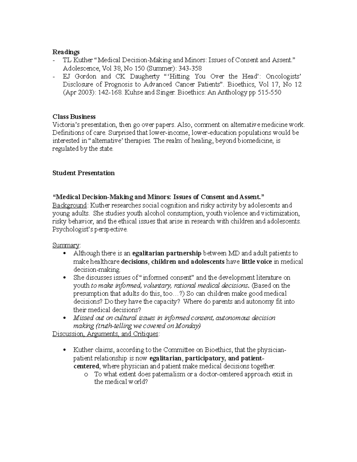 Bioethics Notes 7 - Readings TL Kuther “Medical Decision-Making and ...