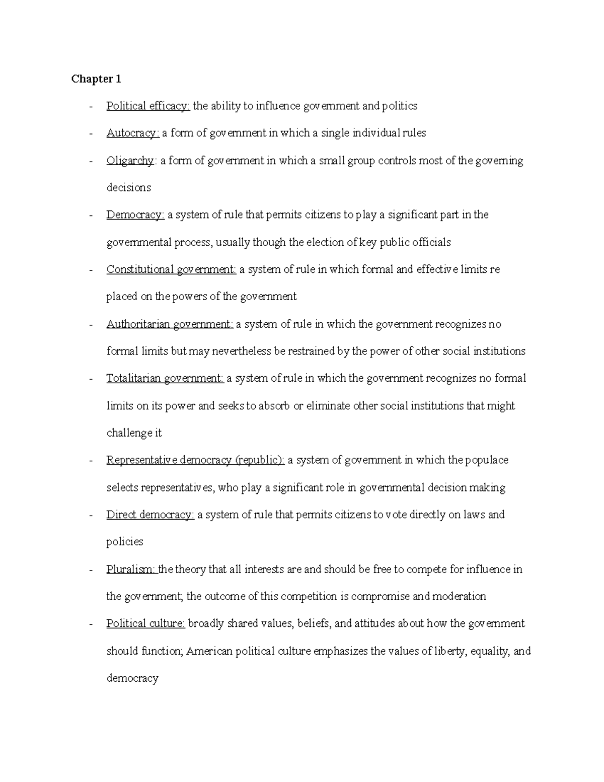 Final study guide - Chapter 1 - Political efficacy: the ability to ...