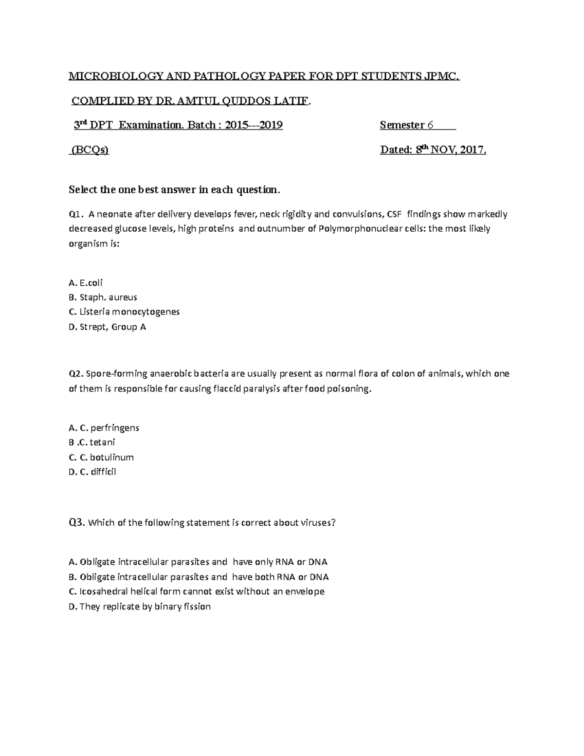 Microbiology AND Pathology Paper FOR DPT Students JPMC - MICROBIOLOGY ...