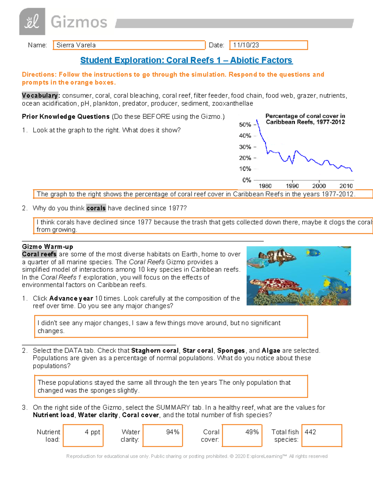 Copy of Gizmos Lab Coral Reef 1 - Name: Sierra Varela Date: 11/10 ...