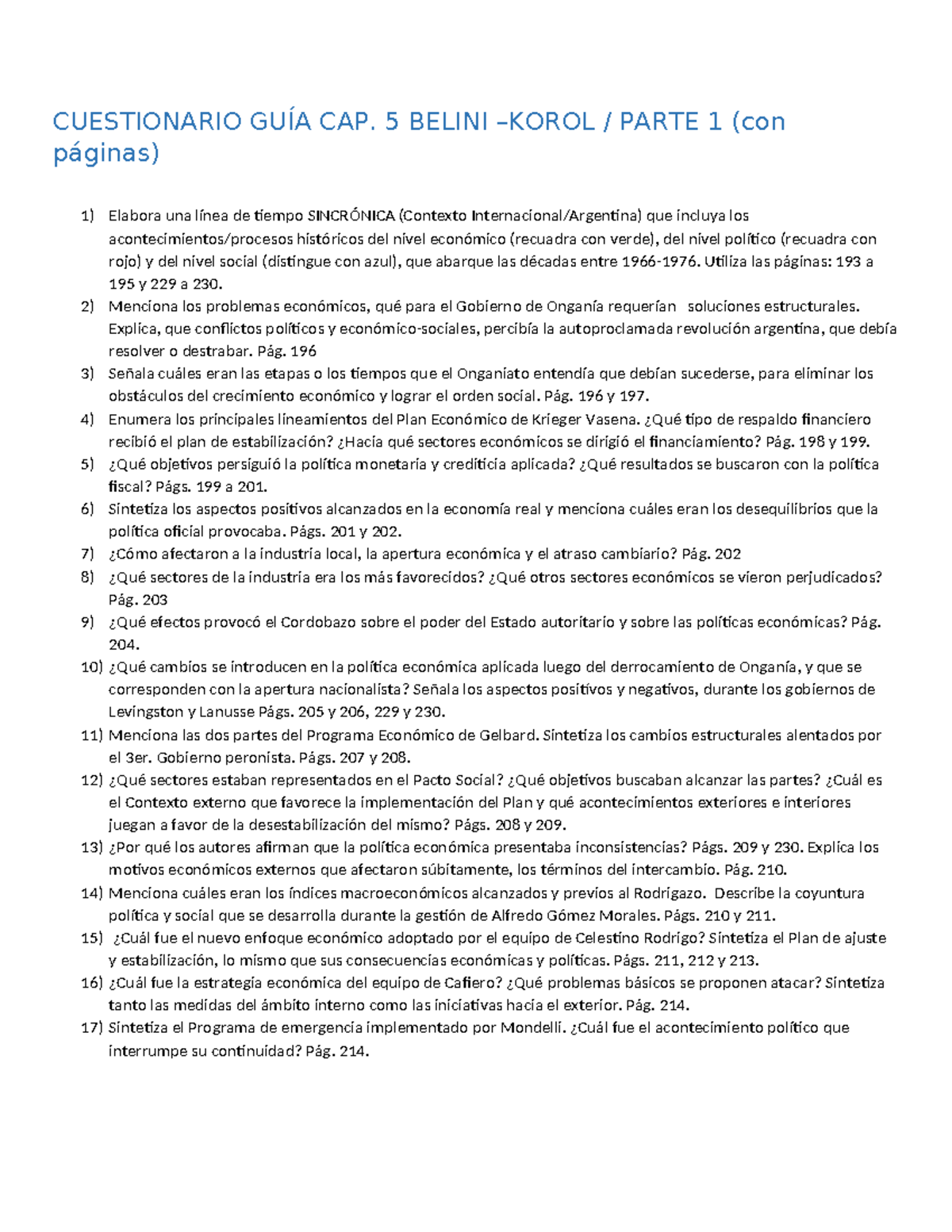Cuestionario Belini Korol cap.5(1) con págs. - CUESTIONARIO GUÍA CAP. 5 BELINI –KOROL / PARTE 1 ...