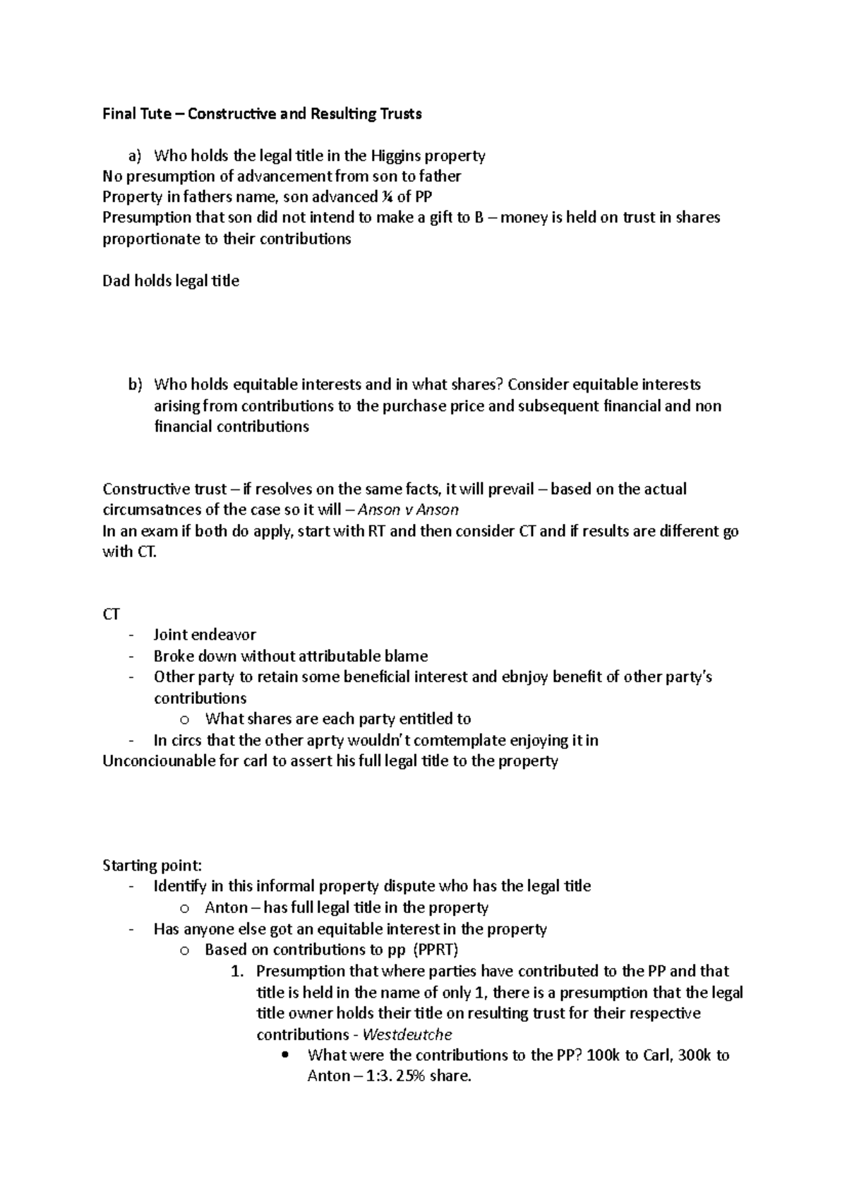 Tutorial 10 Week 11 - Final Tute – Constructive and Resulting Trusts a ...