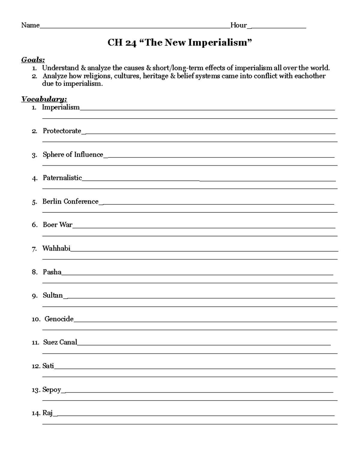Ch 24 study guide 3 - idk - Name Hour_ CH 24 “The New Imperialism ...