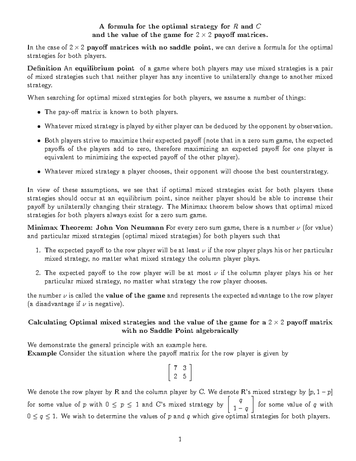 Lecture notes 29 - Fomulas for Optmal Strategy - A formula for the ...