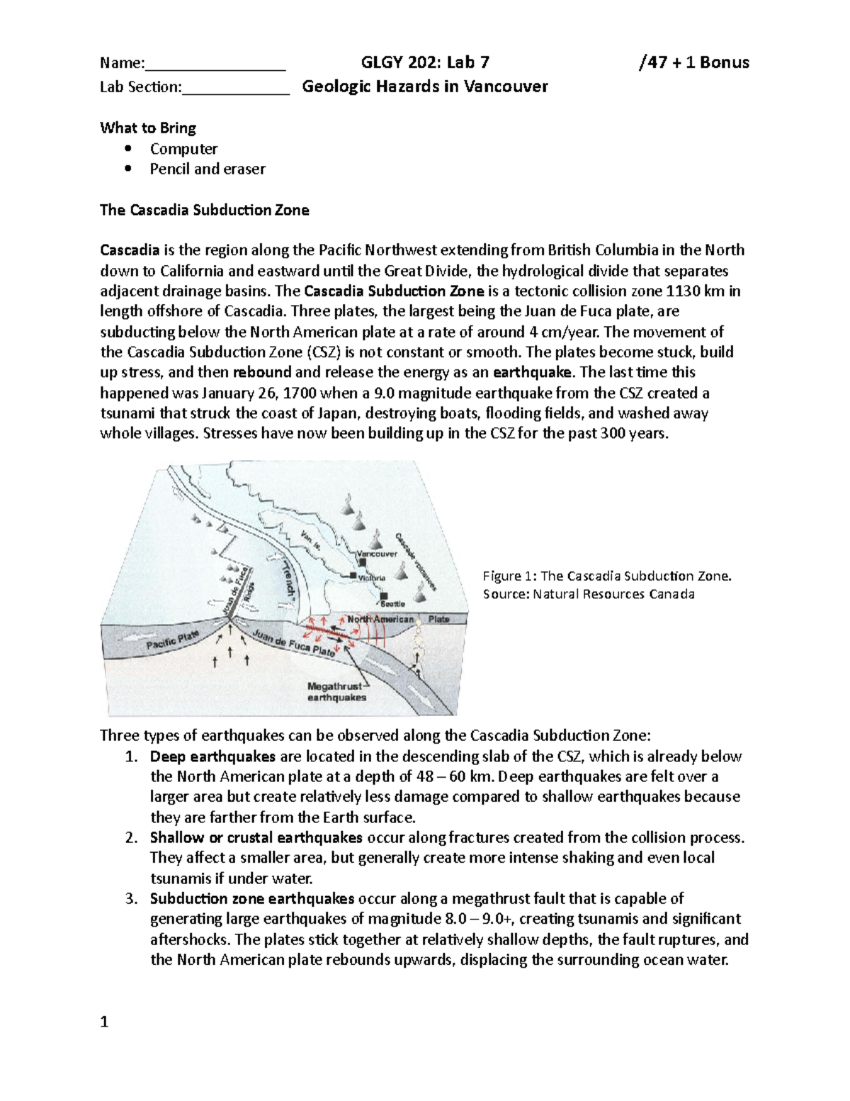 GLGY 202 Lab 7 Geologic Hazards in Vancouver Summer 2022 - Name:_________________ GLGY 202: Lab ...