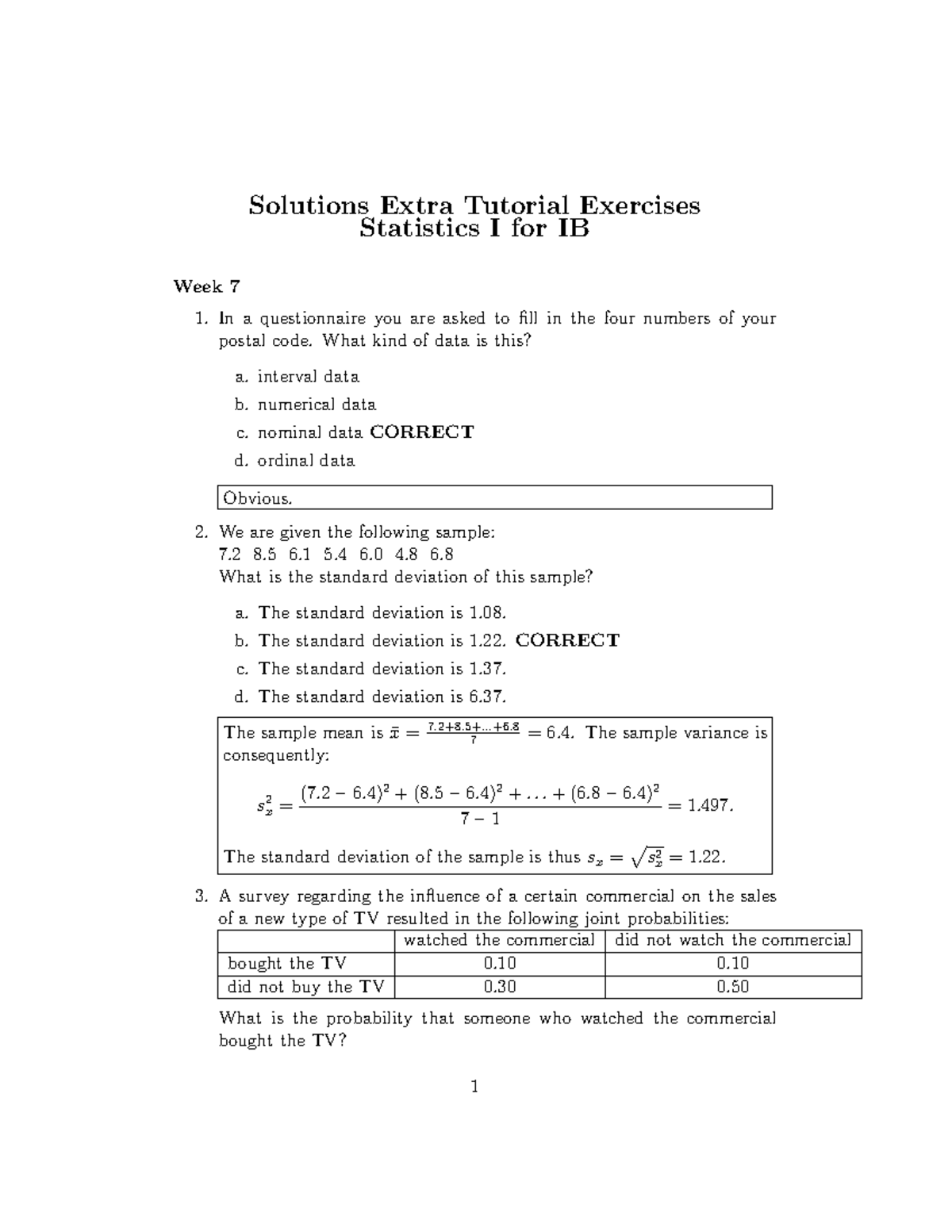 Tutorial Work Solutions Extra Tutorial Exercises Statistics I For Ib Questions And Answers