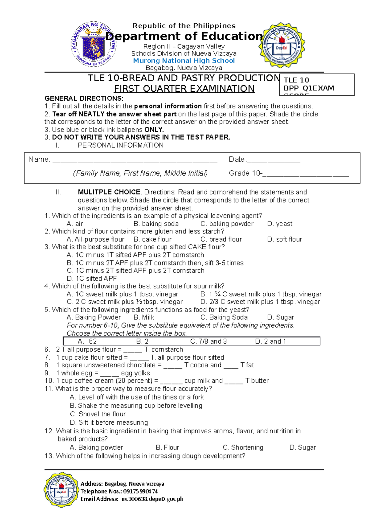 TLE 10 BPP First Quarter EXAM - Republic of the Philippines Department ...