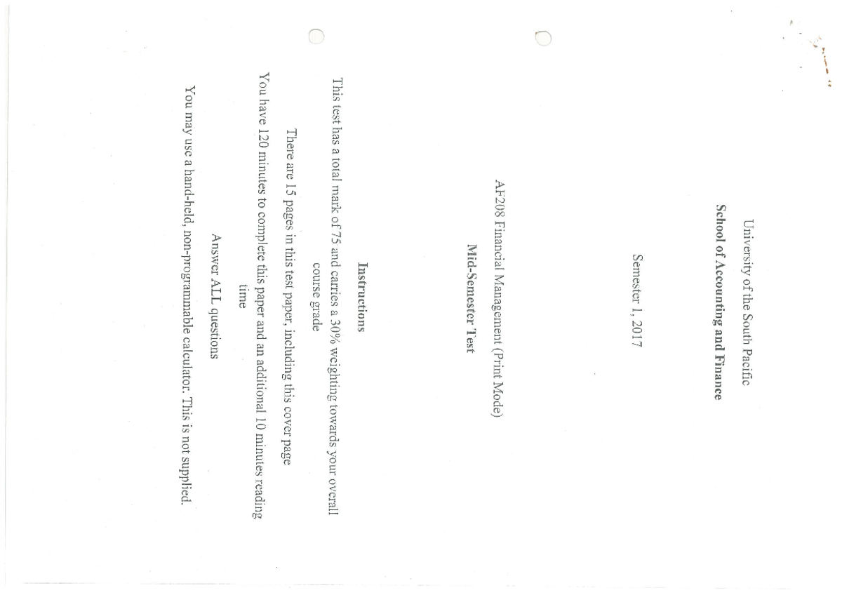 MST Semester 1, 2017 - Question Paper - Financial management - Studocu