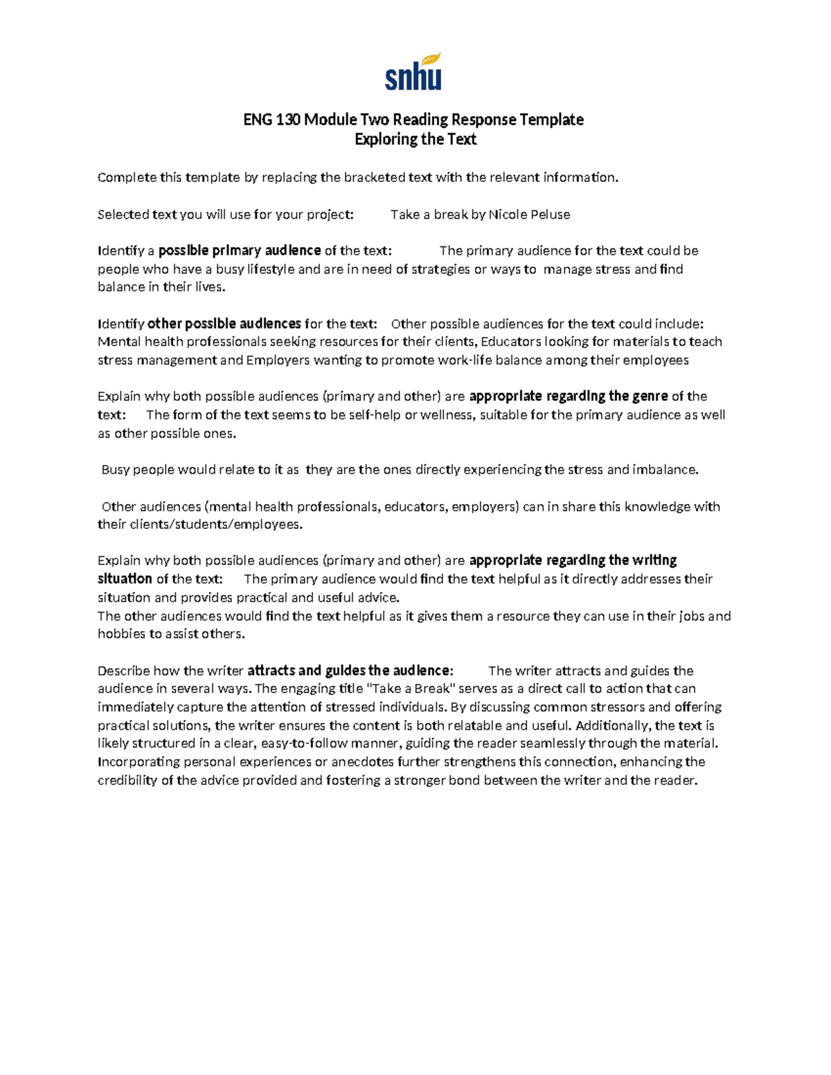 ENG 130 Module Two Reading Response - Selected text you will use for ...