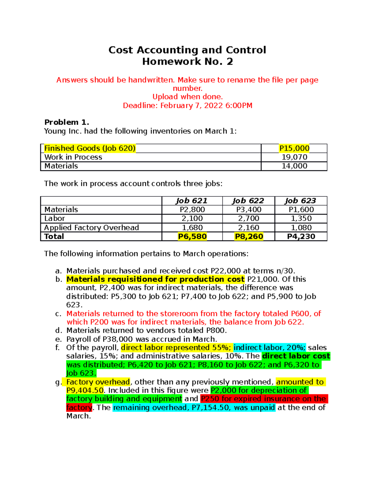 Homework 2 problem solving - Cost Accounting and Control Homework No. 2 ...